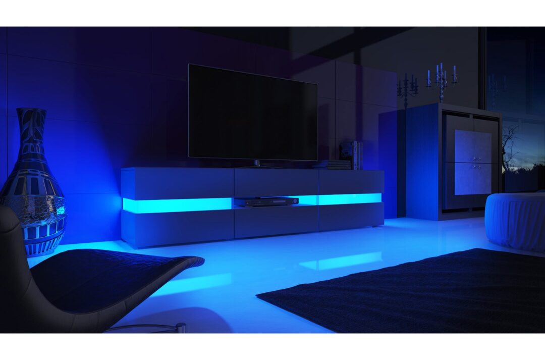 Banc TV blanc à led 2 portes et 1 tiroir de salon moderne