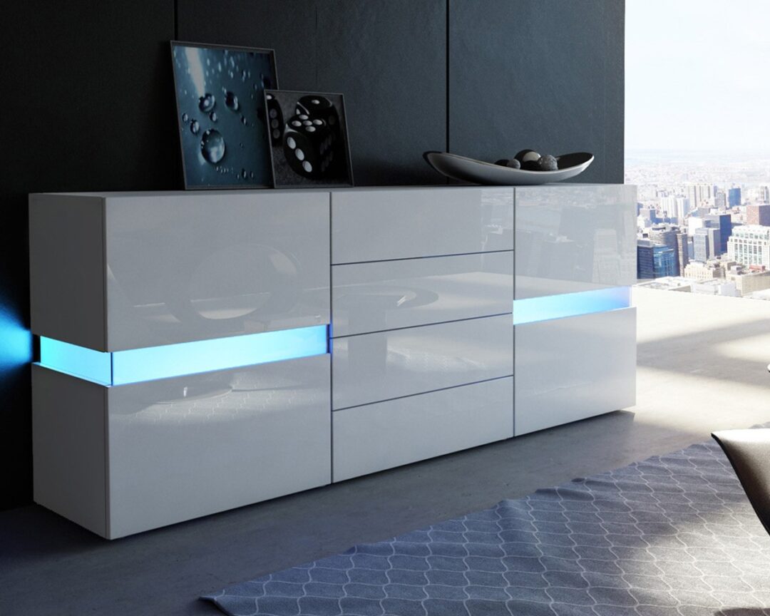 Banc TV blanc à led 2 portes et 1 tiroir de salon moderne
