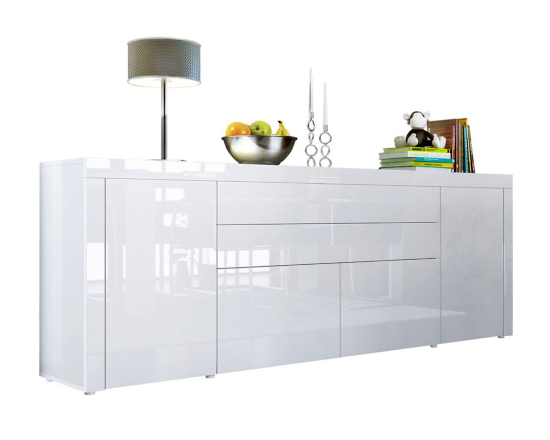 Meuble buffet blanc laqué mat et plateau en bois massif huilé 4 portes