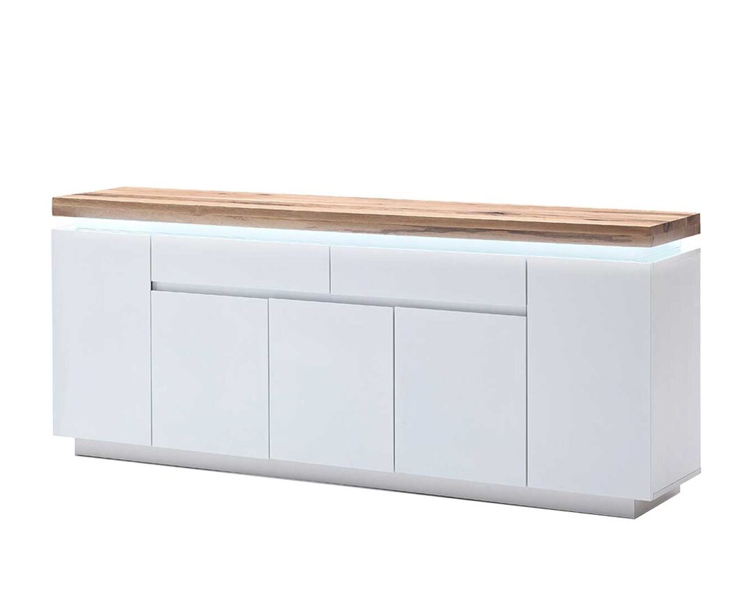 Buffet blanc laqué mat et chêne avec éclairage led blanc design