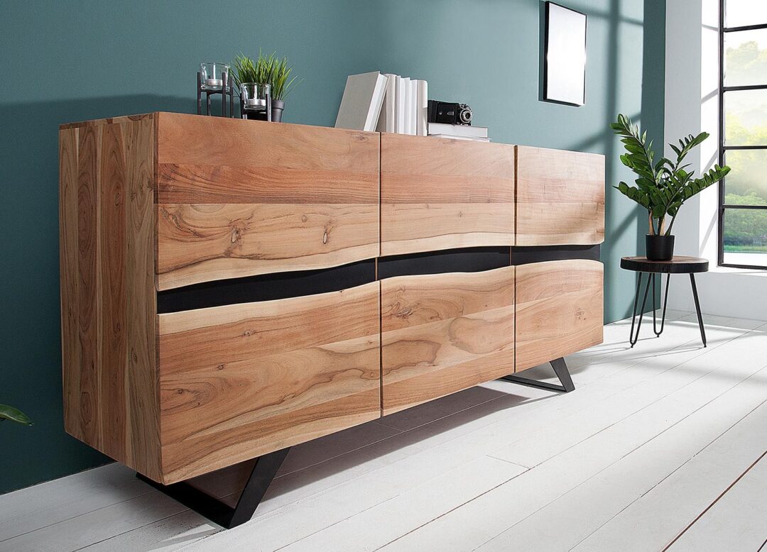 Meuble buffet bois massif laqué et pieds métal design 3 portes 150 cm