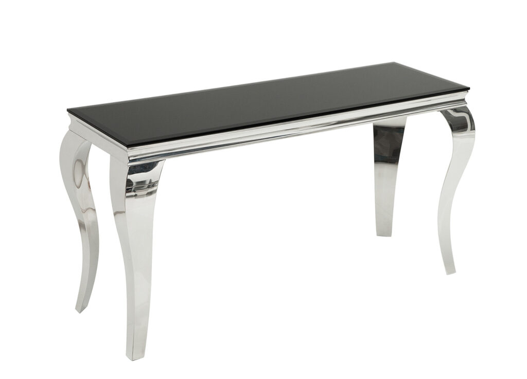 Console rectangulaire verre noir et pieds en acier poli design baroque