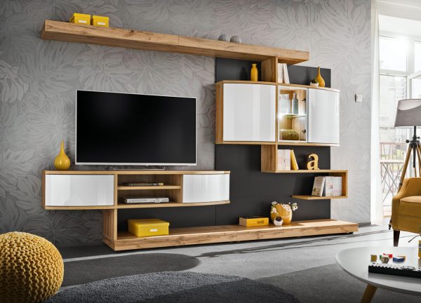 Ensemble meuble télé blanc laqué et gris anthracite à led