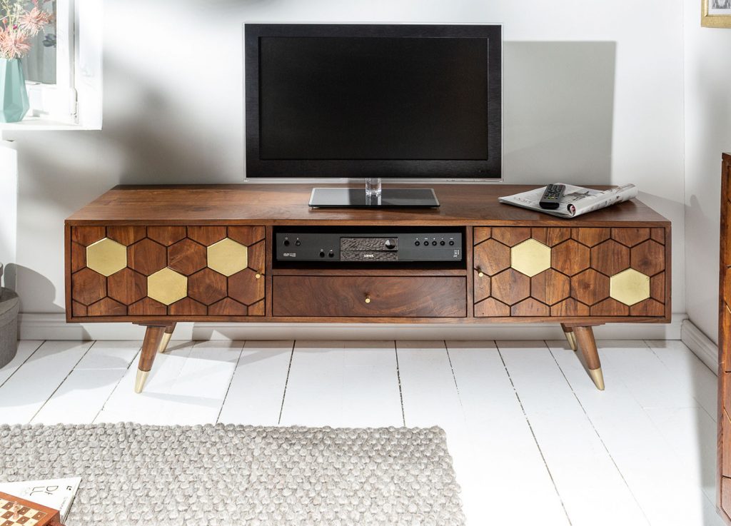 Meuble TV en bois d'Acacia massif avec décorations dorés