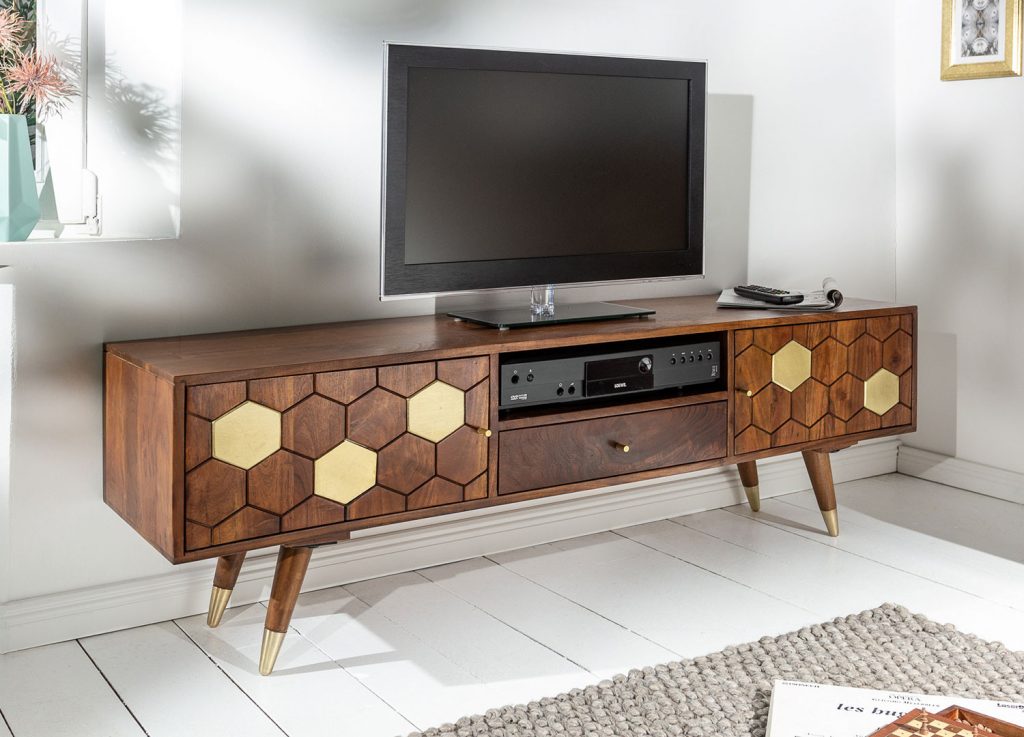 Meuble TV en bois d'Acacia massif avec décorations dorés