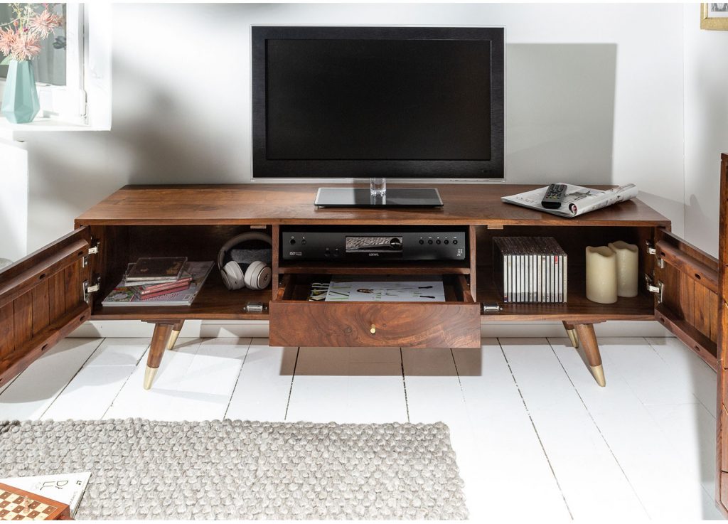 Meuble TV en bois d'Acacia massif avec décorations dorés