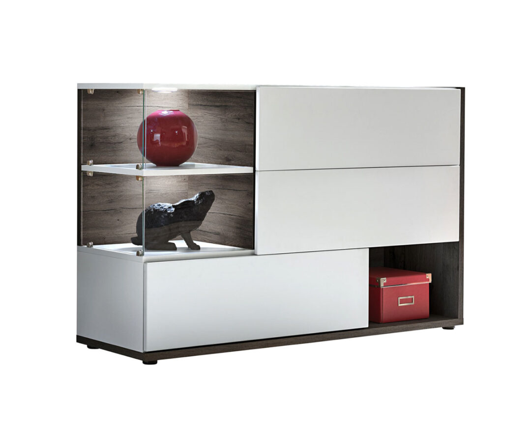meuble buffet 4 portes laqué blanc avec éclairage led blanc lumineux
