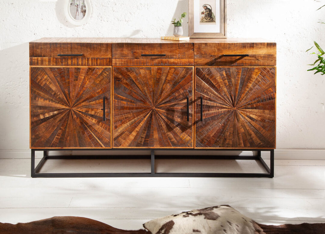 Meuble buffet bois massif avec motifs 160 cm marron et noir style rétro