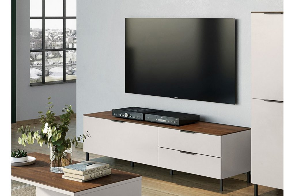 Meuble télé blanc cachemire et noyer de salon contemporain