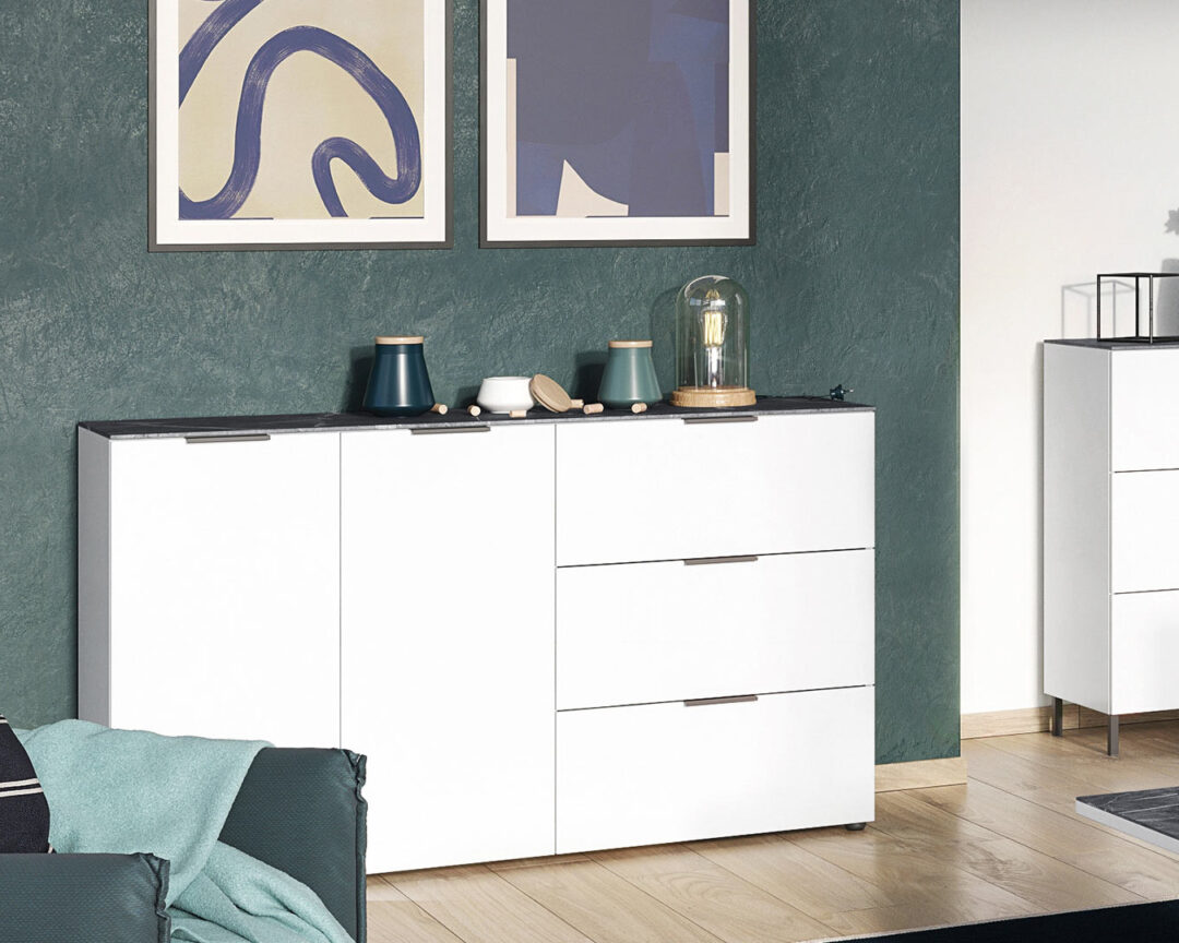 Grand meuble buffet blanc et verre 2 portes et 4 tiroirs style design