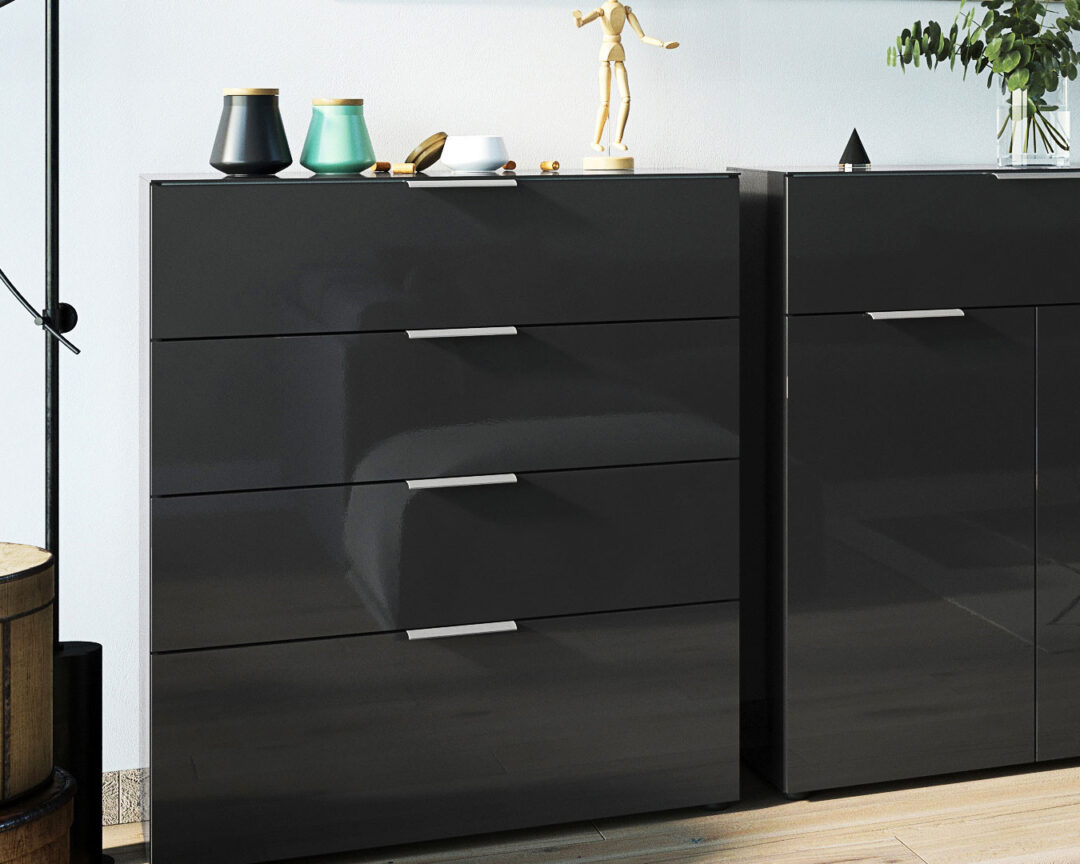 Commode 6 tiroirs en verre noir et imitation bois