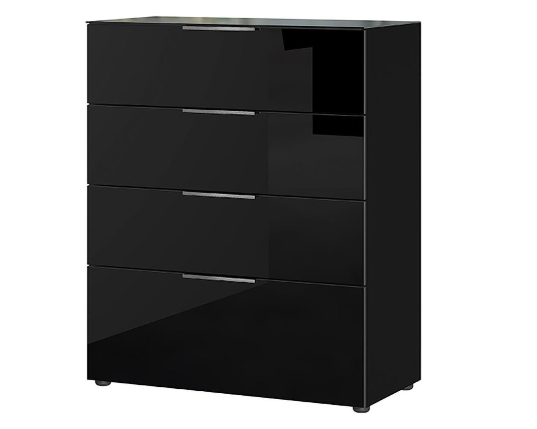 Commode 6 tiroirs en verre noir et imitation bois