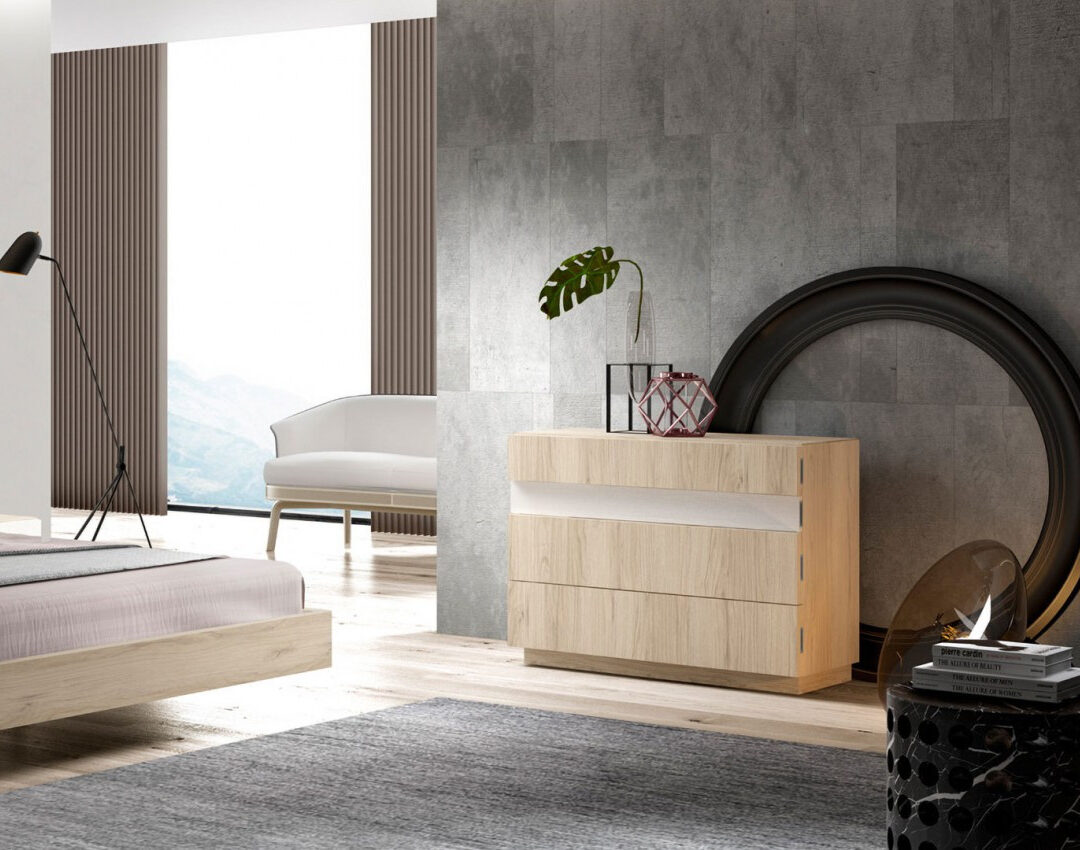 Commode 6 tiroirs en verre noir et imitation bois