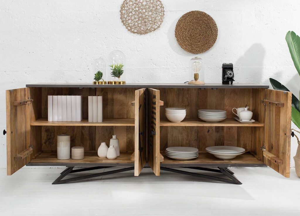 Meuble buffet bois massif gris ornement feuilles manguier