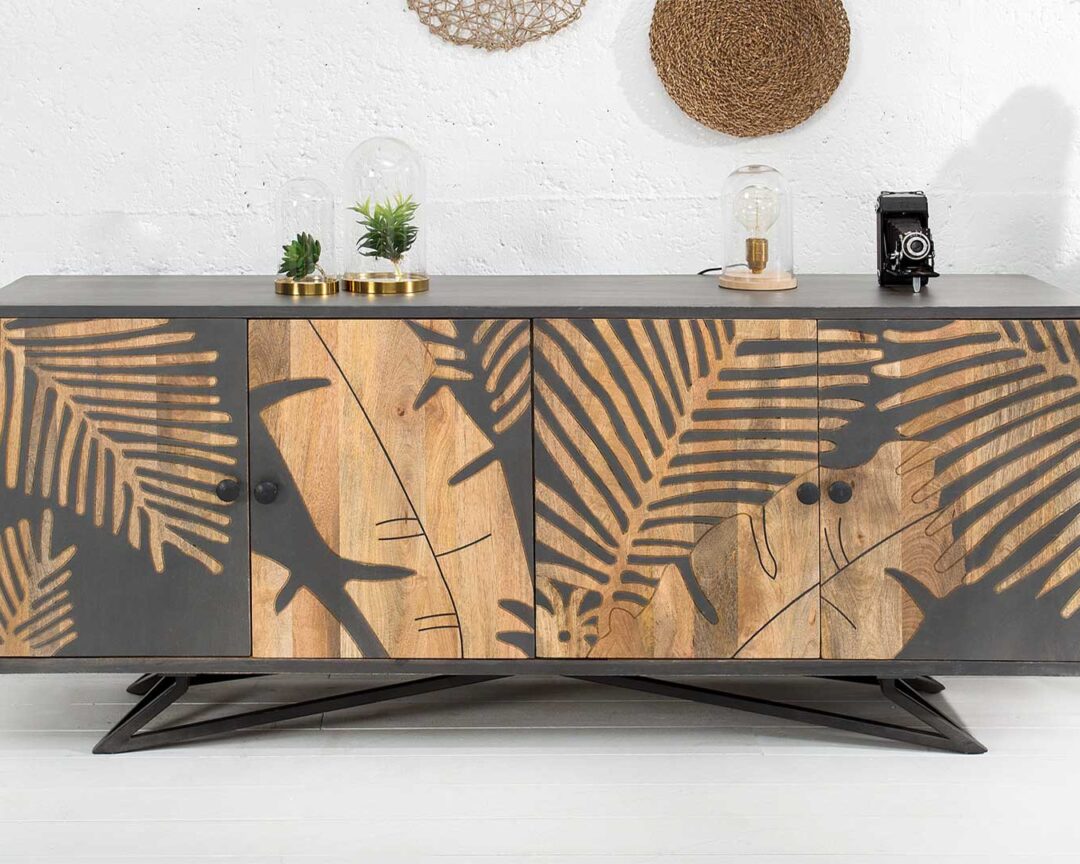 Meuble buffet 4 portes blanc et décor bois avec LED style design moderne