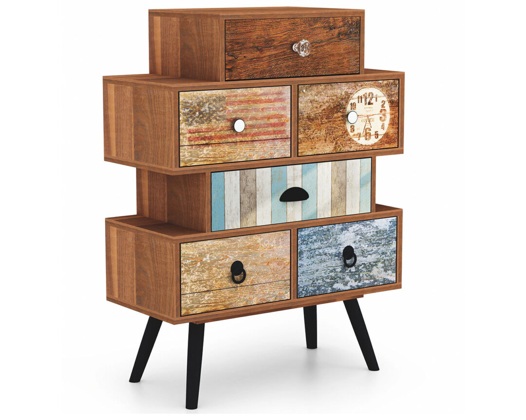 Commode 6 tiroirs en verre noir et imitation bois