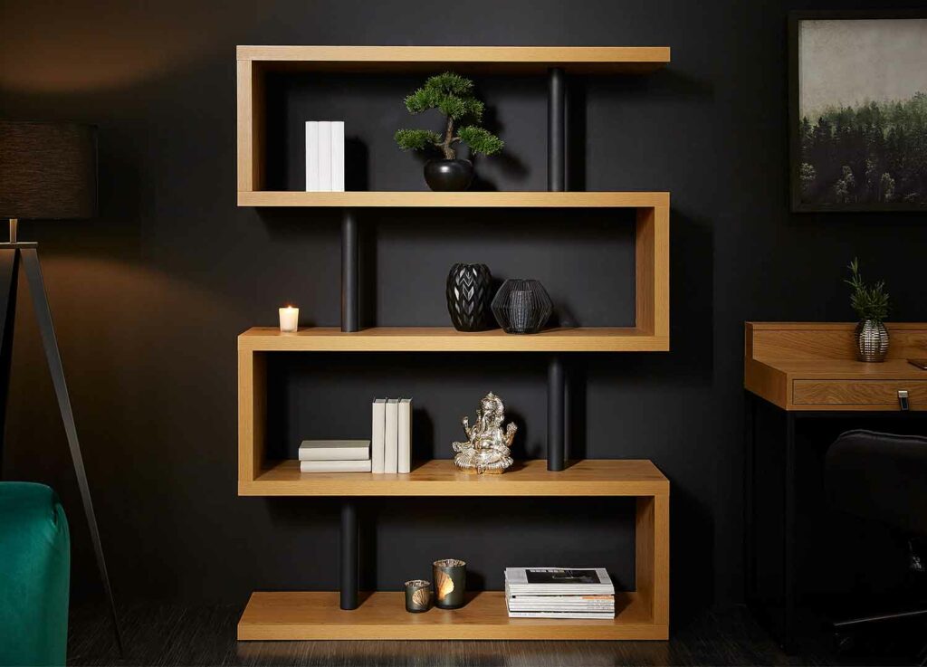 Bibliothèque originale finition chêne naturel et métal noir