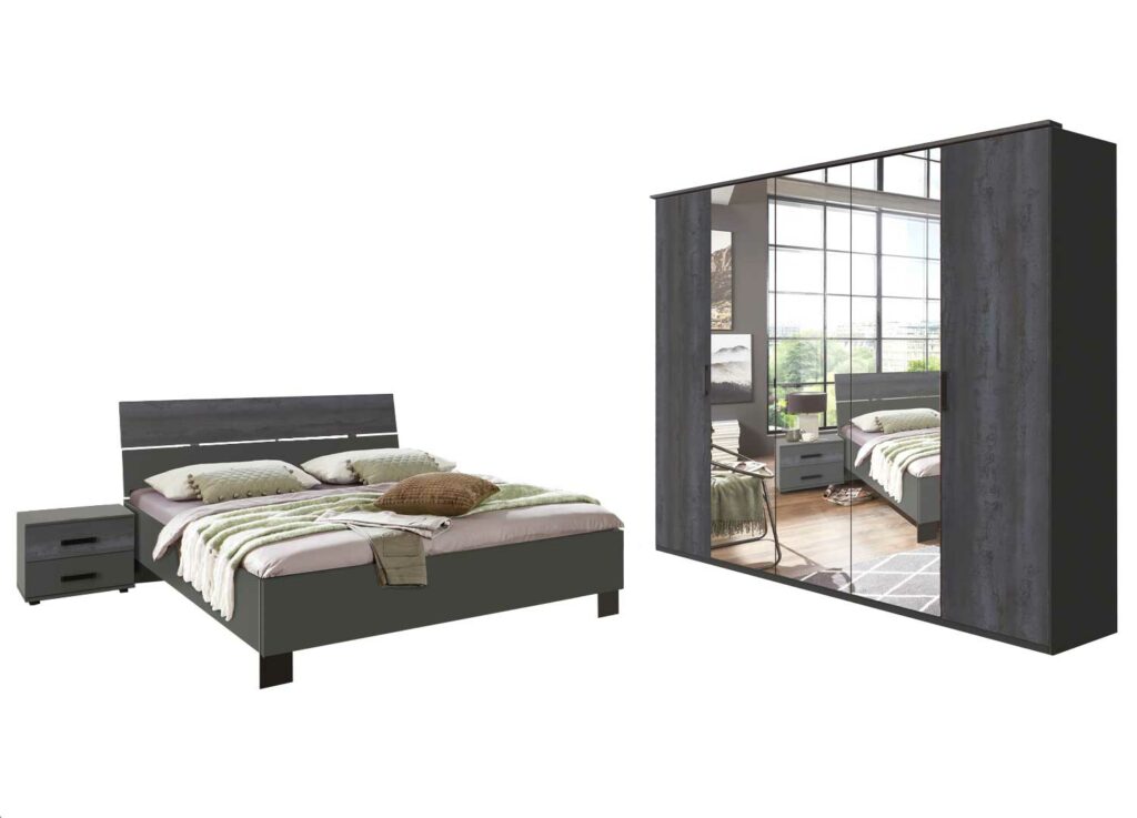 Chambre adulte complète avec lit, armoire et chevets gris graphite