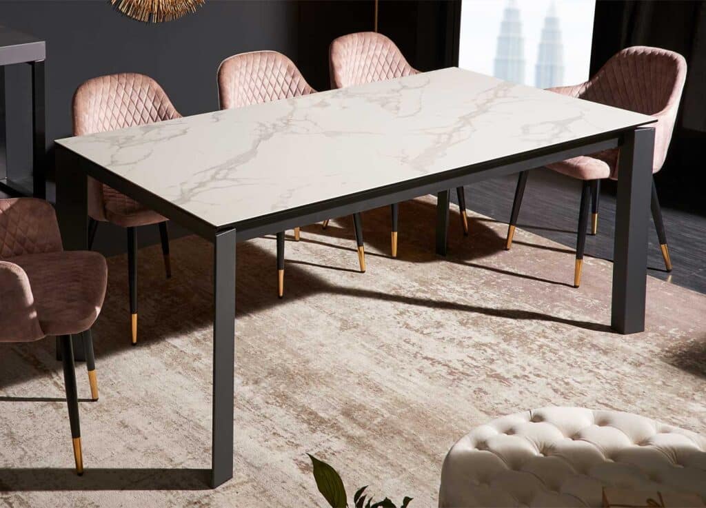Table à manger rectangulaire extensible aspect marbre blanc