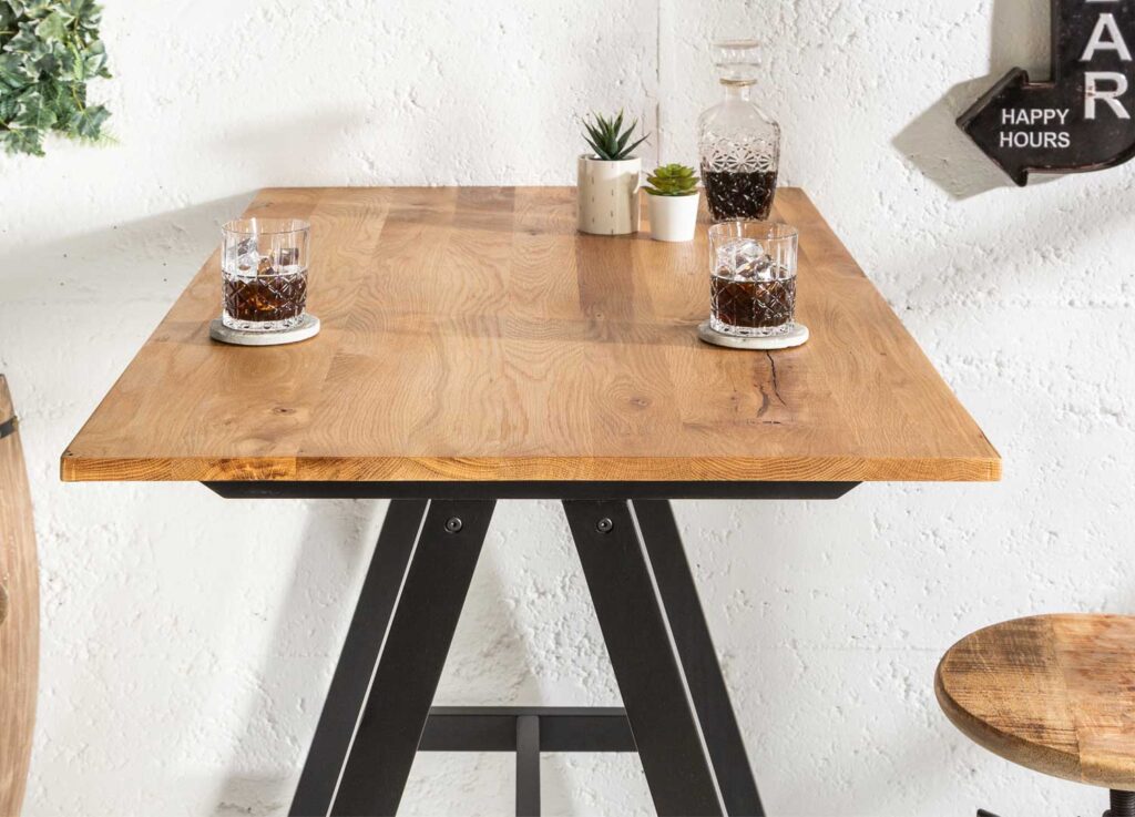 Table de bar haute style industriel en bois de chêne sauvage