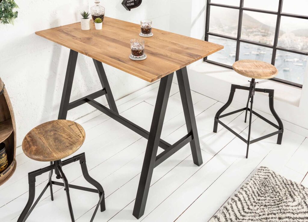 Table de bar haute style industriel en bois de chêne sauvage