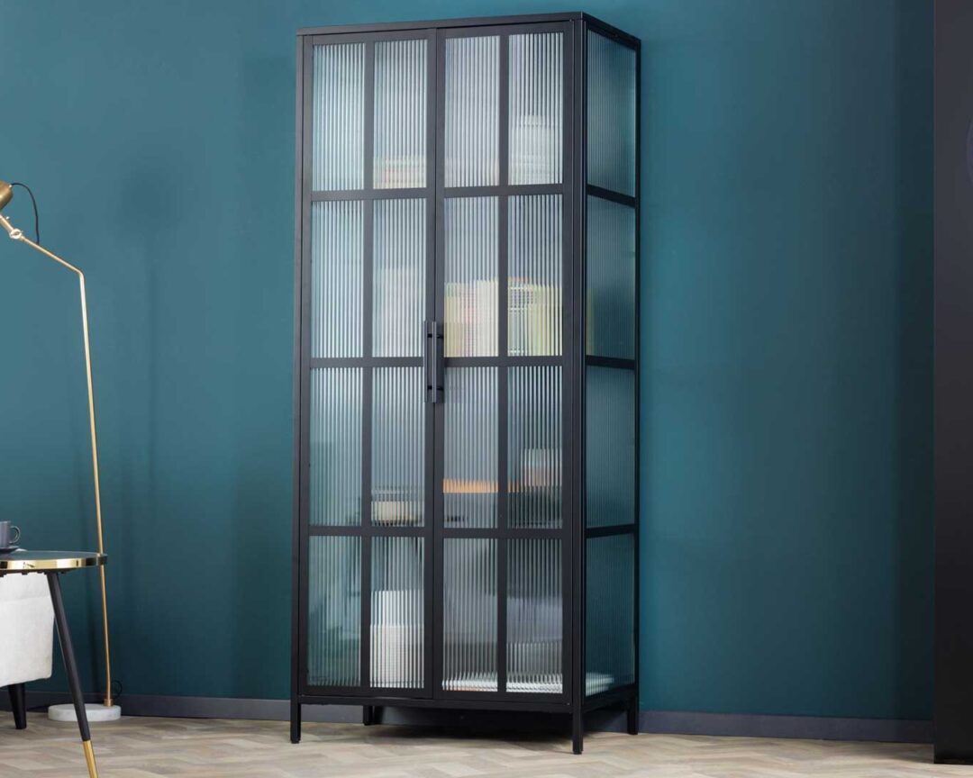 Commode ou vitrine moderne en métal noir et verre strié