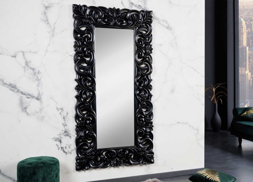 Grand miroir rectangulaire baroque en résine noir