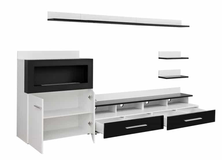 Ensemble TV blanc et noir brillant avec cheminée bio éthanol
