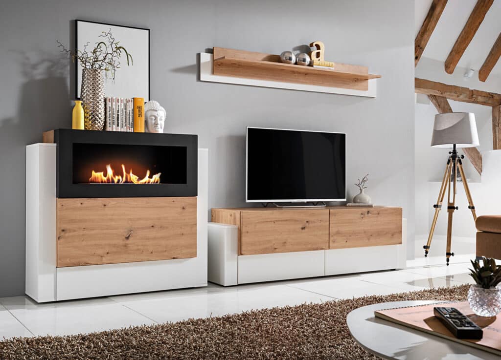 Meuble TV scandinave blanc et bois avec cheminée décorative