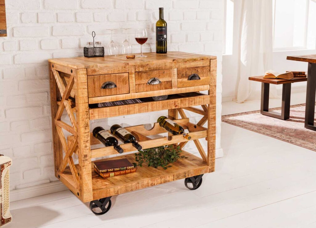 Chariot de bar en bois massif et métal noir
