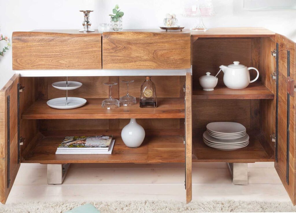Meuble buffet 135cm 3 portes en bois d'acacia massif miel