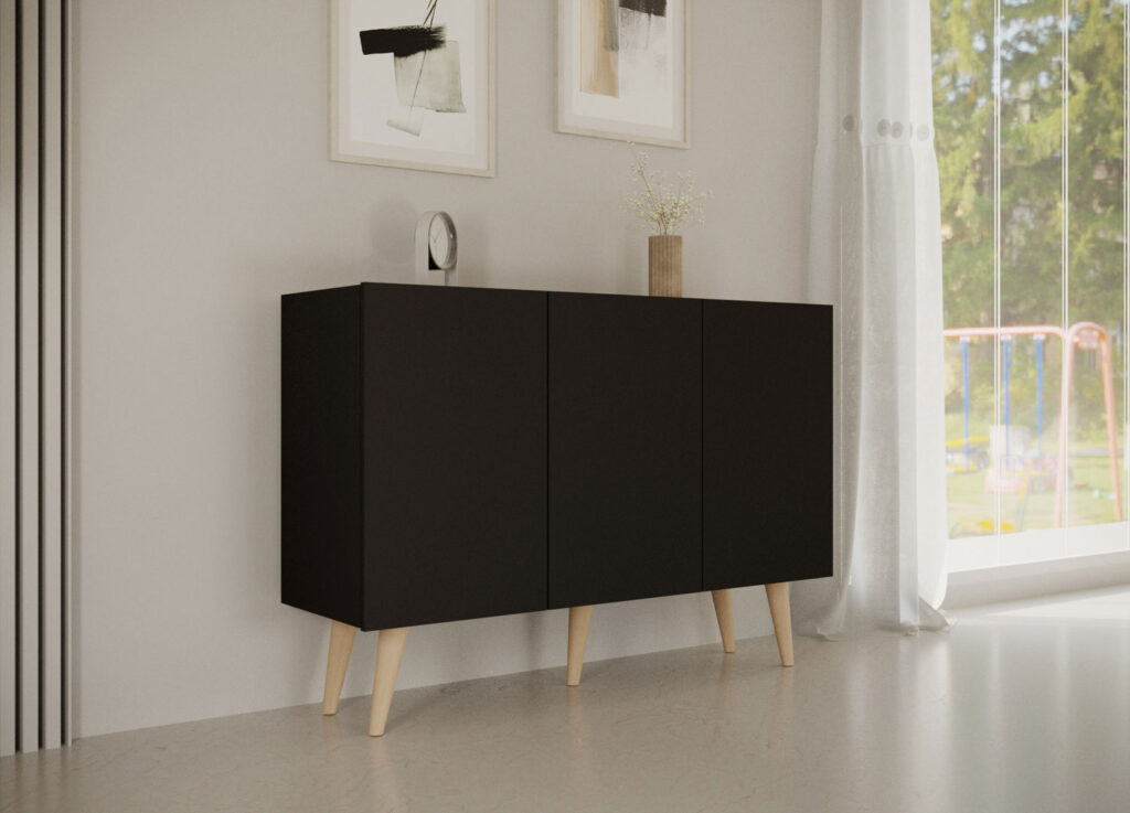 Buffet pas cher 120 cm noir et bois style scandinave