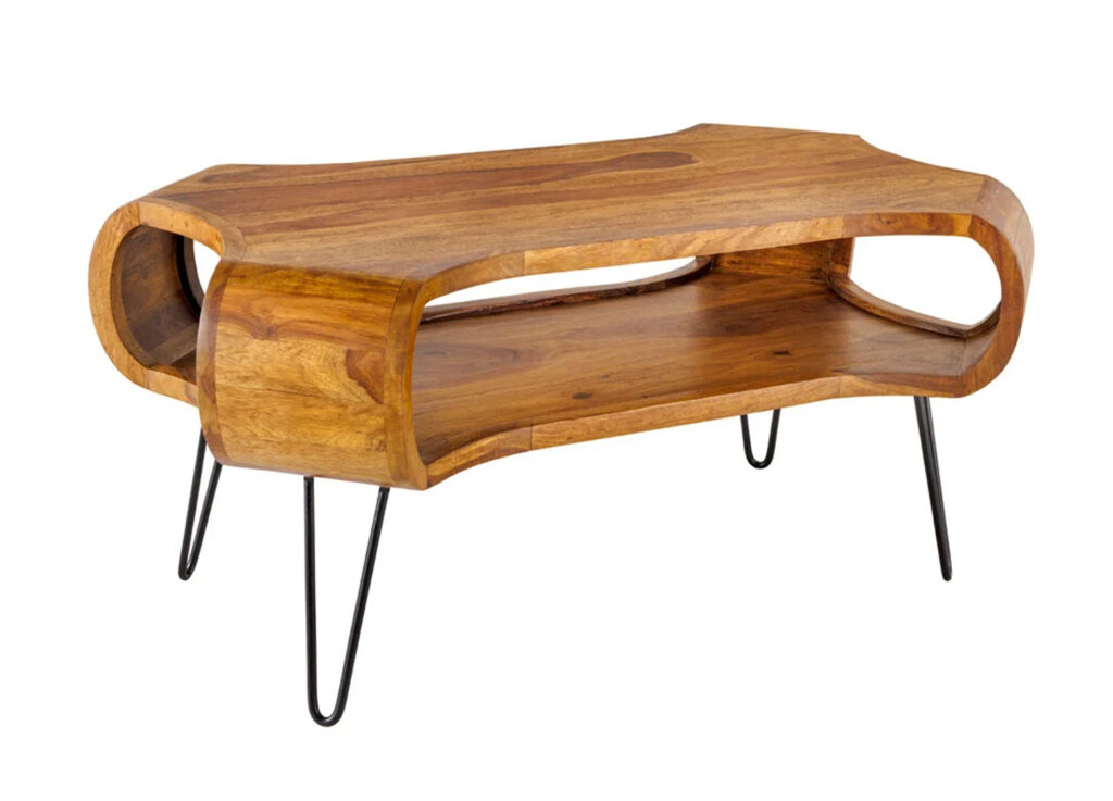 Table de salon rétro pas cher en bois massif et métal noir