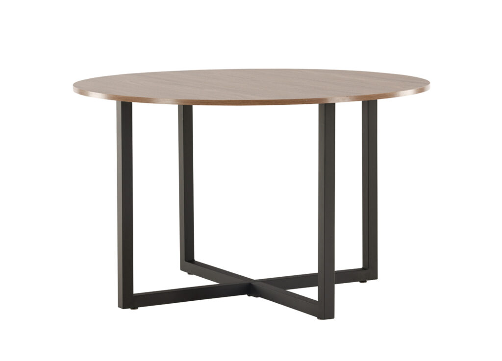 Table de repas ronde 4 personnes aspect bois noyer et métal noir