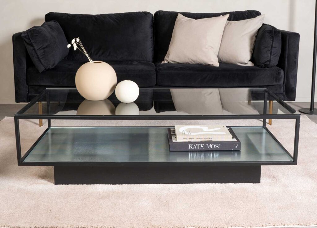 Table basse 130 cm métal noir et verre