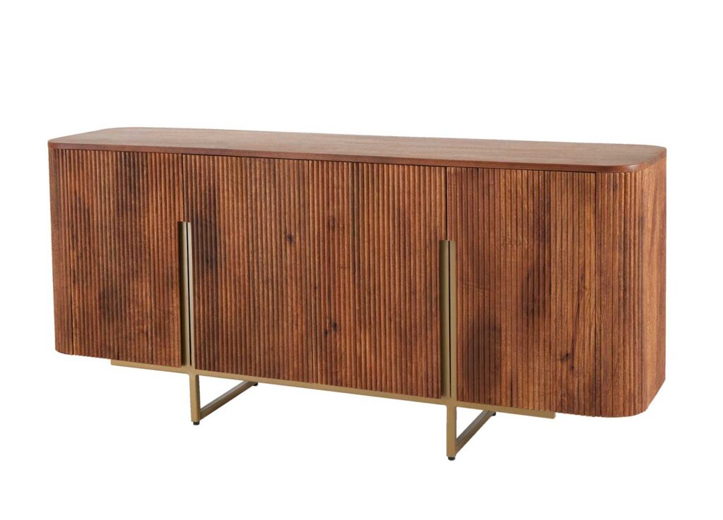Buffet rainuré en bois de manguier massif et métal doré