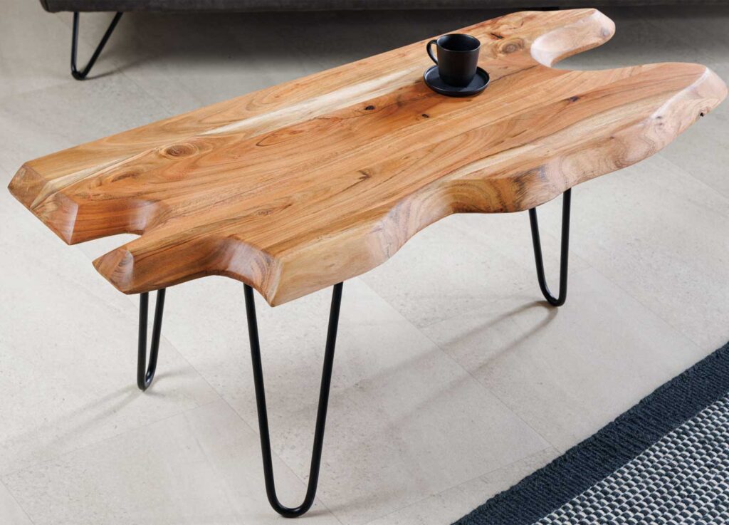Table basse en bois d'acacia et pieds épingle noir