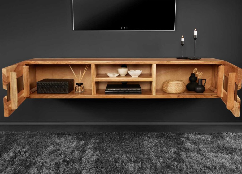 Meuble TV suspendu 160cm en bois d'acacia naturel
