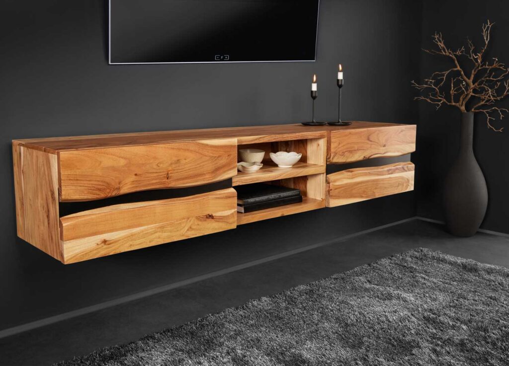 Meuble TV suspendu 160cm en bois d'acacia naturel