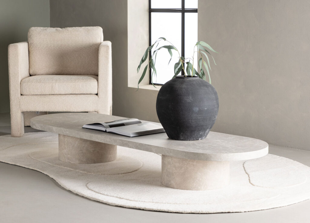 Table basse ovale de 190cm aspect marbre beige moderne