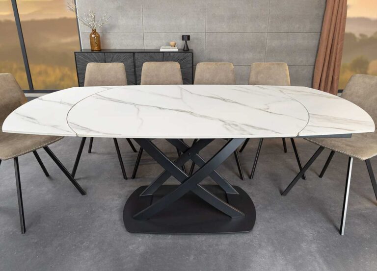 Table de repas ovale extensible blanc marbre 130-190 cm