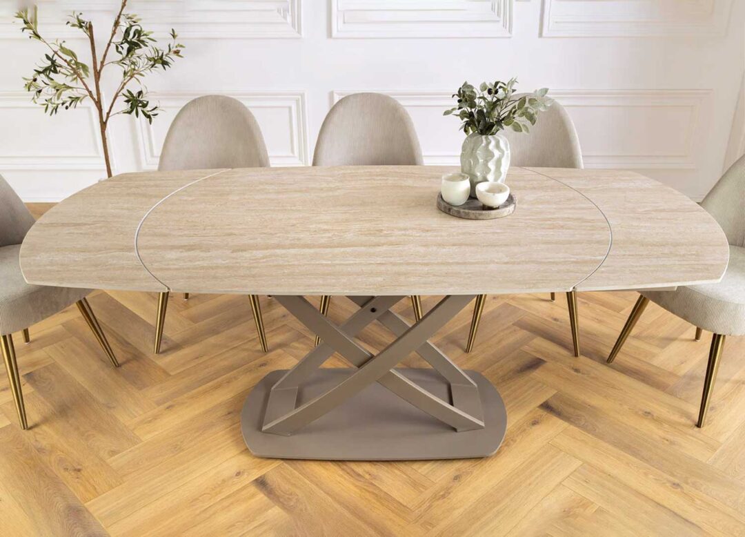 Table à manger ovale extensible grège travertin 130-190 cm