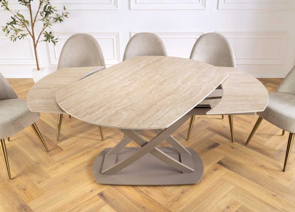 Table à manger ovale extensible grège travertin 130-190 cm